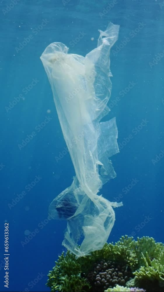 Vertical video, Plastic bag drifts under surface of Ocean in bright ...