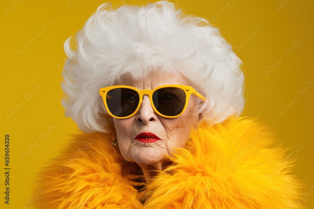 Funny old lady face portrait, studio yellow background. Funky fashion ...