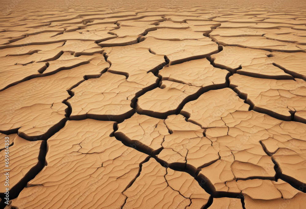 Dry cracked earth surface. Desert dry mud close-up view. Lake and river became shallow ...