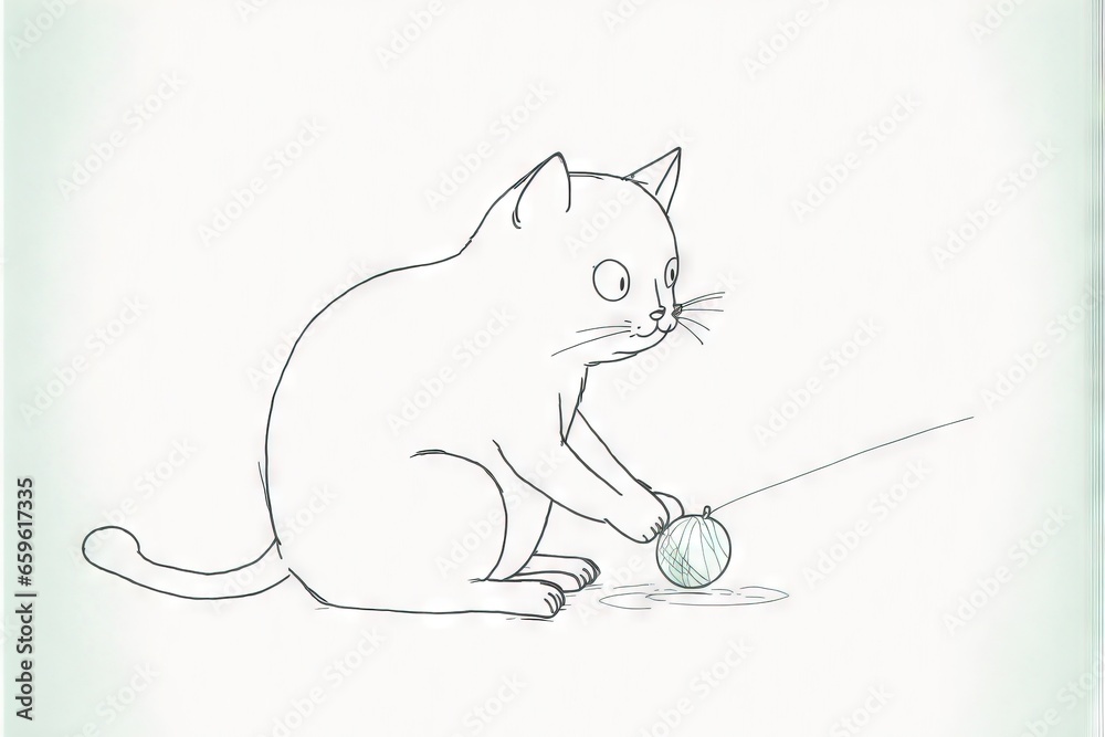 a drawing of a cat playing with a ball of yarn and a string on a white ...