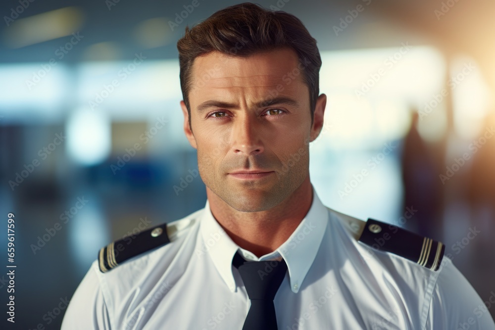 American pilot face portrait, blurred airport background. Civil ...