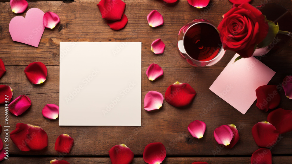 Top View Valentine's Day Blank Greeting Card Mockup With Red Wine Glass ...
