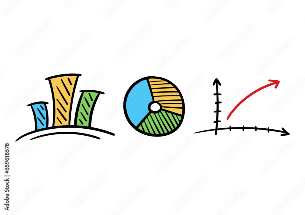 hand drawn bar chart, pie chart, statistics chart. doodle statistics ...