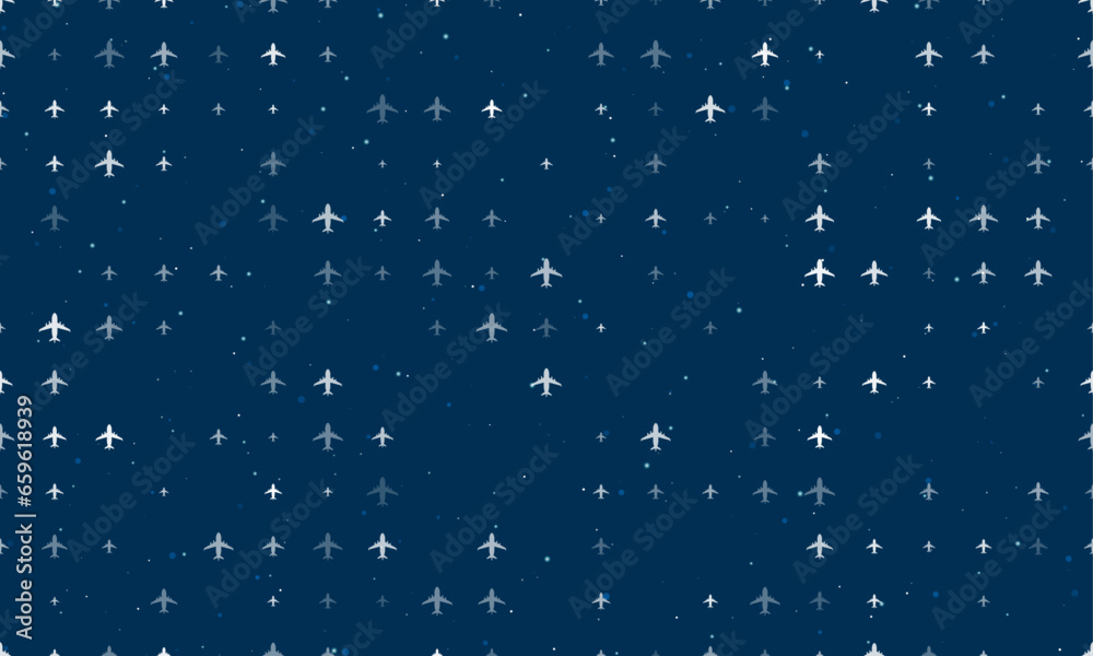 Seamless background pattern of evenly spaced white airplane symbols of ...