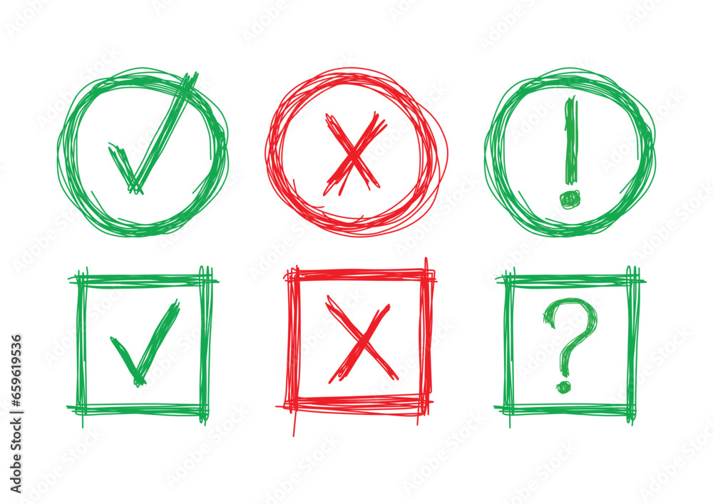 hand drawn check mark, cancel sign, exclamation mark, question mark ...