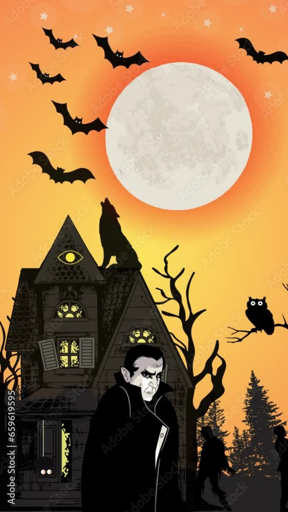 A vertical social media animation short video reel of Halloween, wolf ...