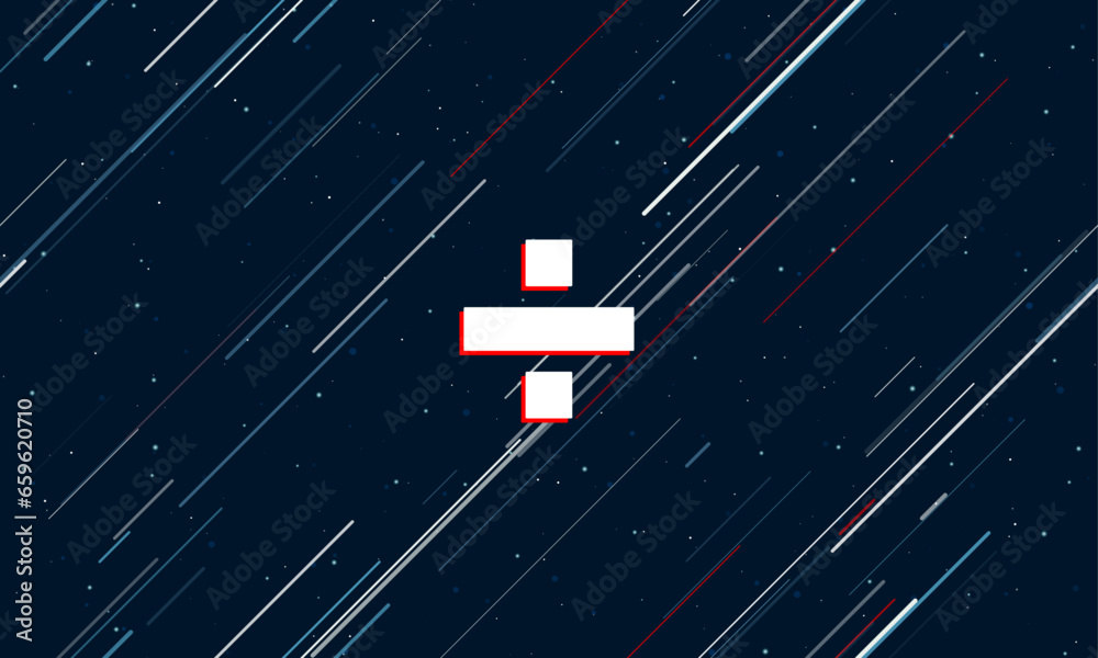 Large white division symbol framed in red in the center. The effect of ...