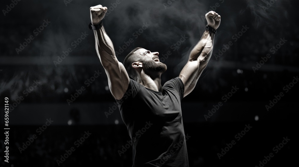 Young muscular bodybuilder guy demonstrates his muscles. Champion ...