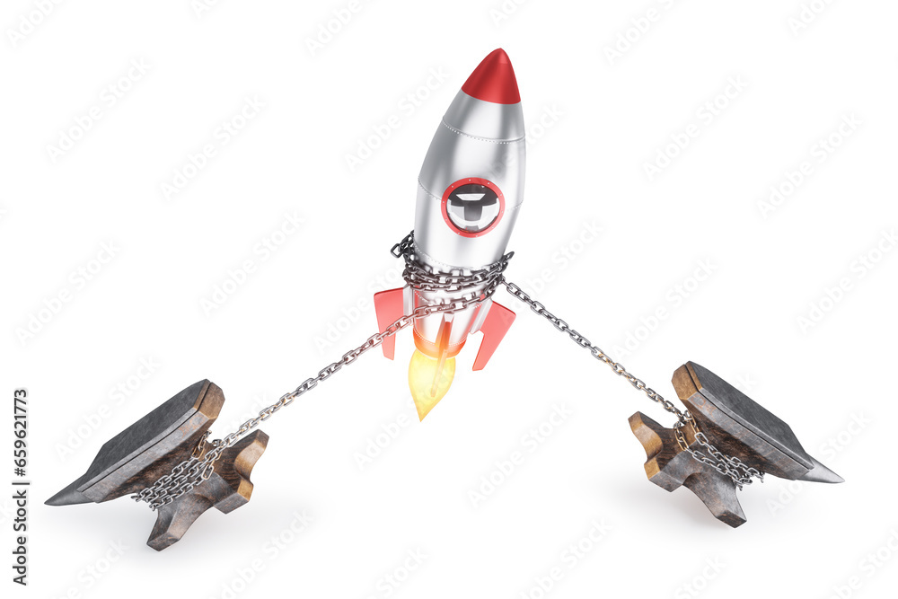 The rocket is trying to get off the ground, tied by a chain to an anvil ...