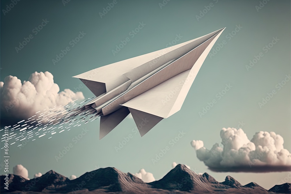 a paper airplane flying through the sky with a rocket coming out of it ...