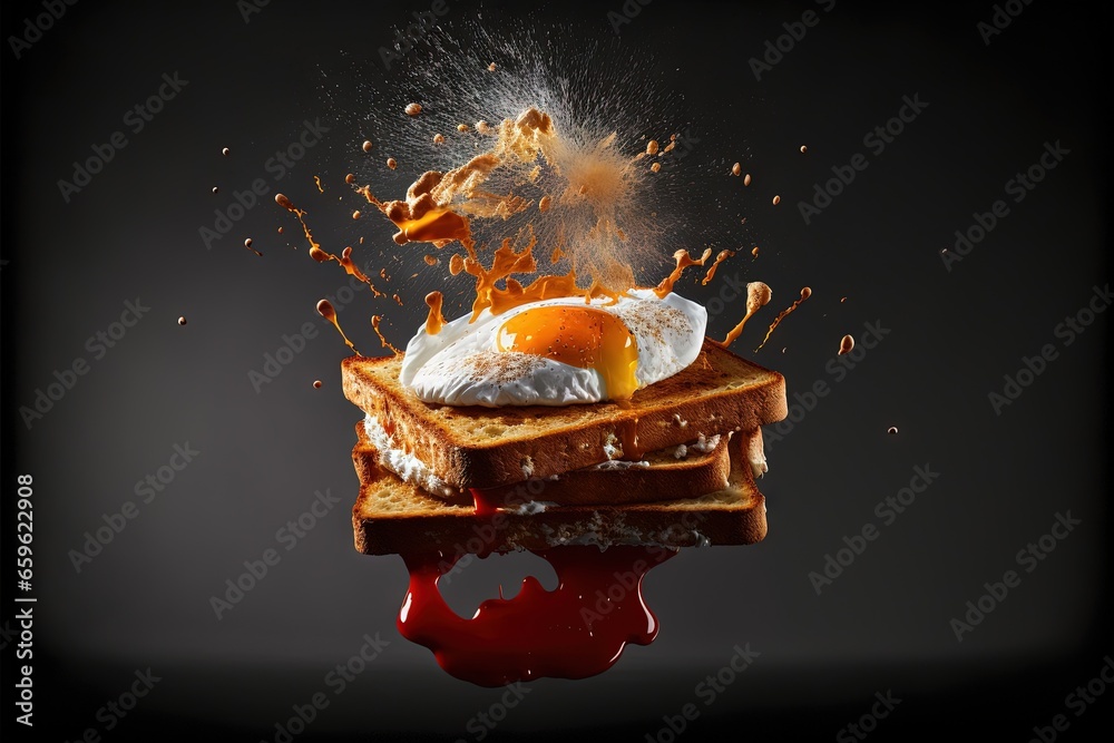 a toast with an egg on top of it and sauce pouring out of it on top of ...