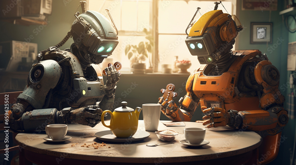 Two robots have tea and eat human-shaped biscuits. In the background ...