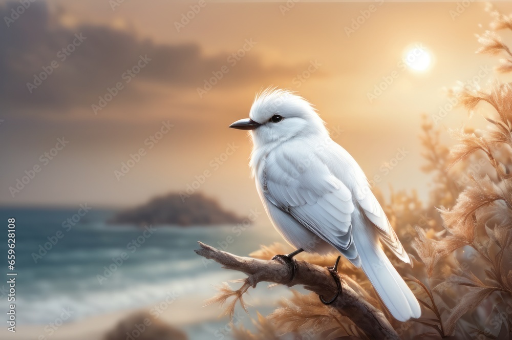 small white fluffy bird sitting on the branch with sea background Stock ...