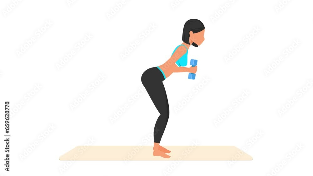 Dumbbell triceps kickbacks exercise tutorial. Female workout on mat ...