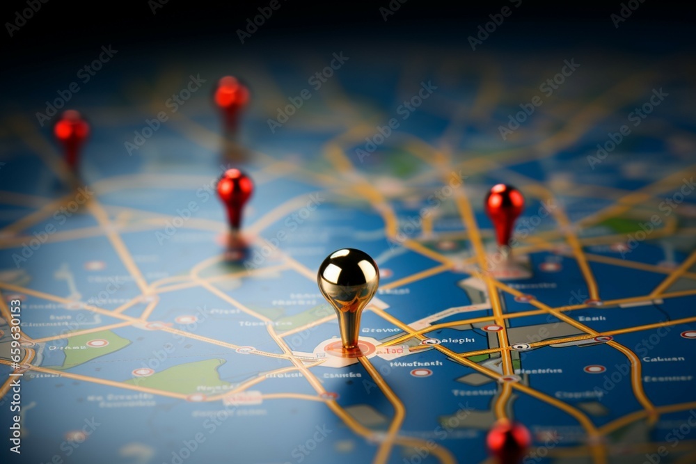 Pin icon marks a map location, guiding with routes for navigation Stock ...