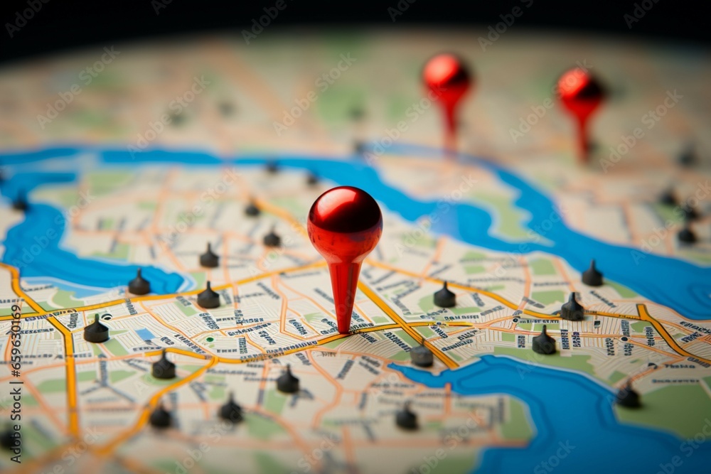 Pin icon on map indicates a specific location and provides route ...