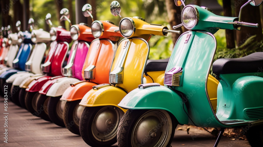 A dozen scooters parked next to each other in a row, scooter rental or ...