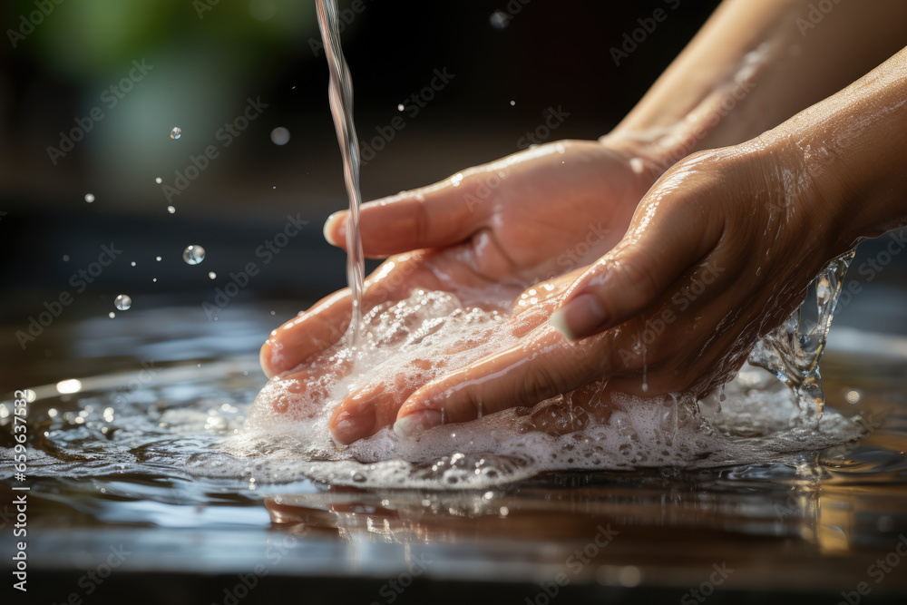 A person vigorously scrubbing their hands with soap and water ...