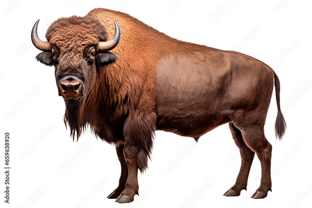 Bison isolated on a transparent background. Animal left side view ...