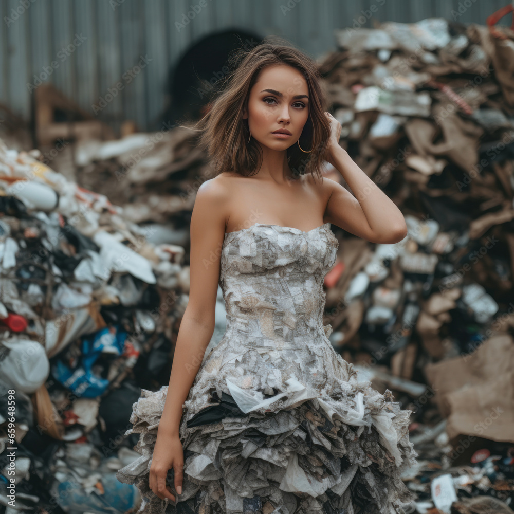 Beautiful woman in a fashion dress posing in a pile of trash ...