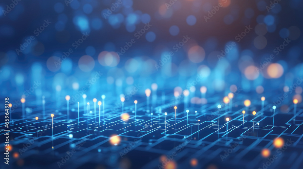 Abstract tech background with illuminated fiber optic connections, quantum computing network ...