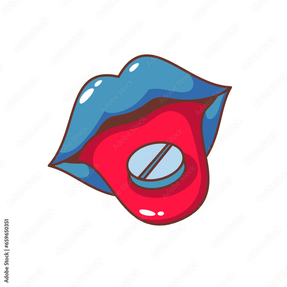 Groovy blue lips with pill on red tongue vector illustration. Cartoon ...