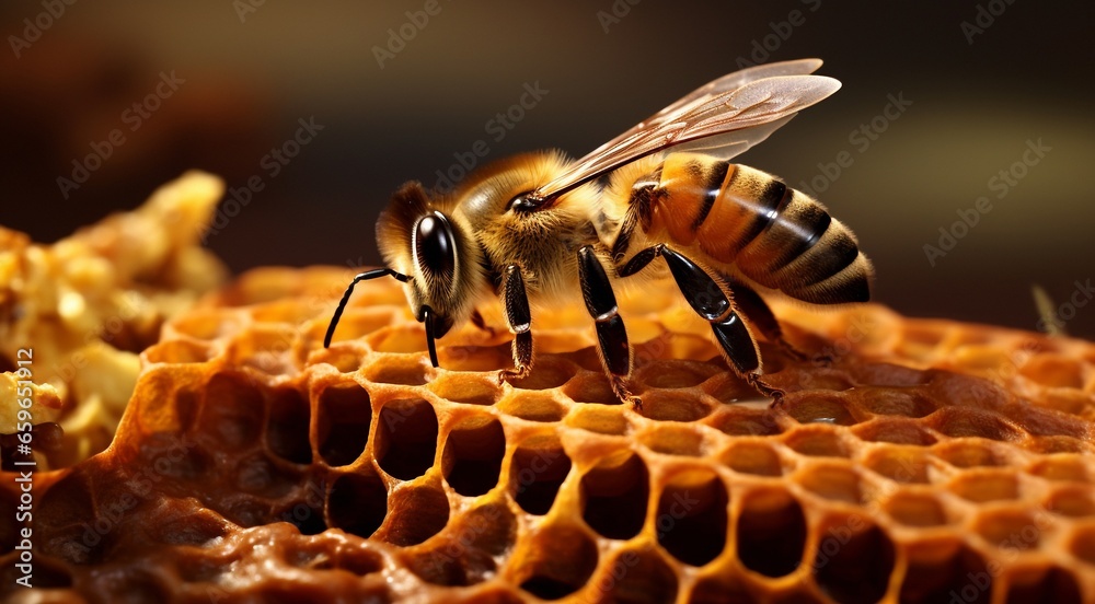 close-up of a bee on a honey, bee doing honey, bee in beehive, close-up of bee doing honey in ...