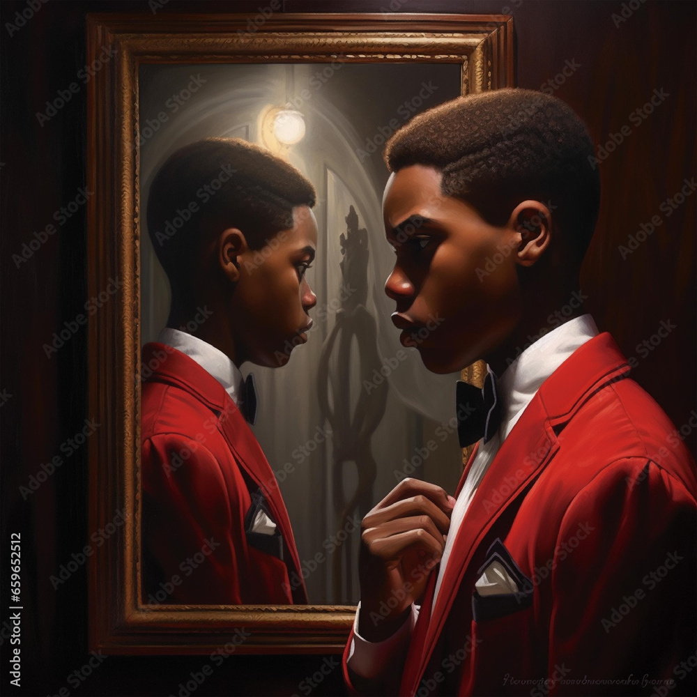 Young Black Male Wearing Suit in Mirror, Classic African American ...