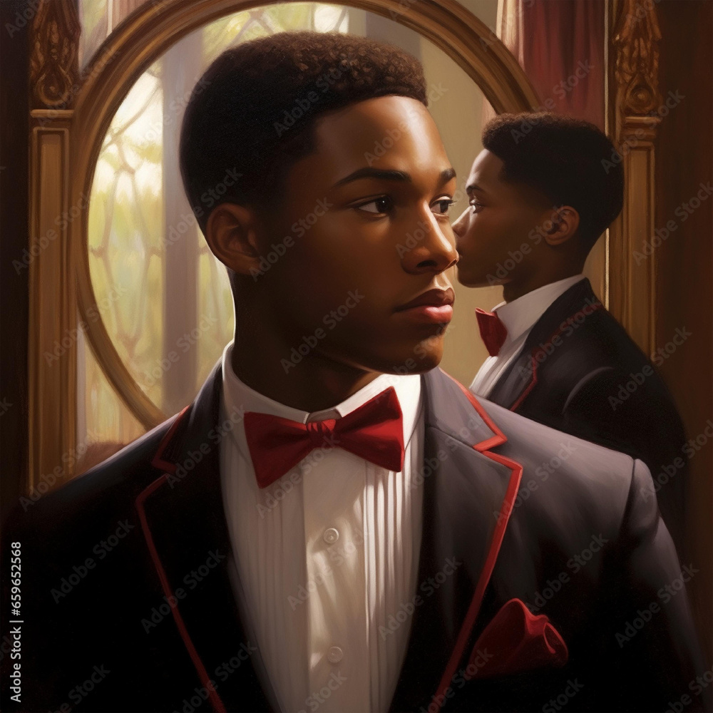 Classic African American Portrait, Black Man Looking in Mirror, Wearing ...