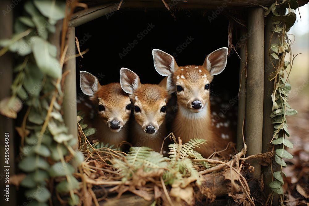Three curious fawns peeking out from a rustic shelter surrounded by ...