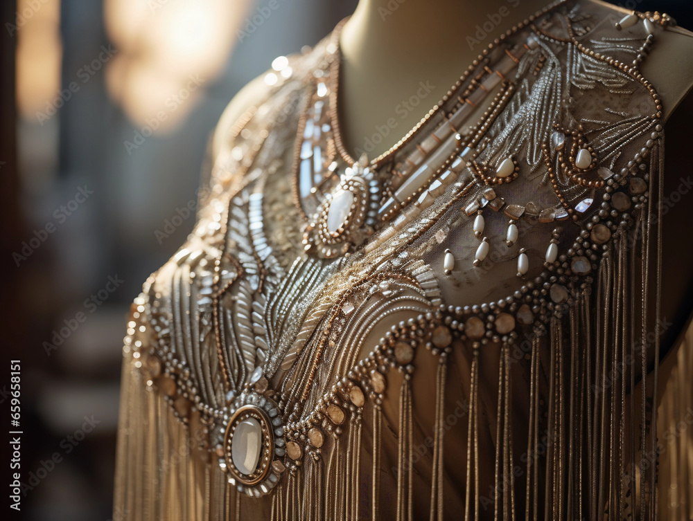 flapper dress from the 1920s, intricate beaded design, fringe details ...