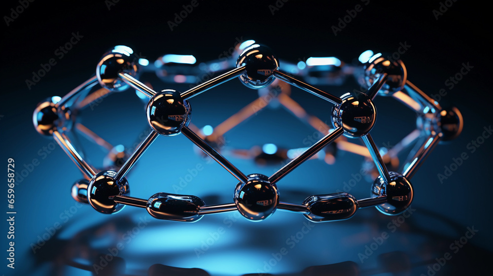 benzene ring structure, glowing against a dark background, detailed ...