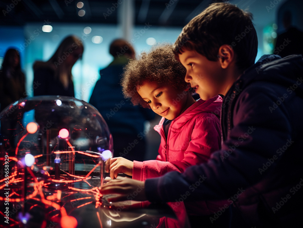 Science museum, interactive physics exhibit, children engaging with ...