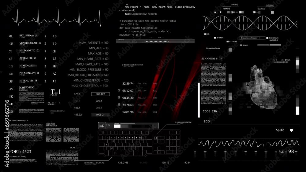 Medical HUD Analyzing cardiac diagnosis.DNA. Heard rate monitor ...