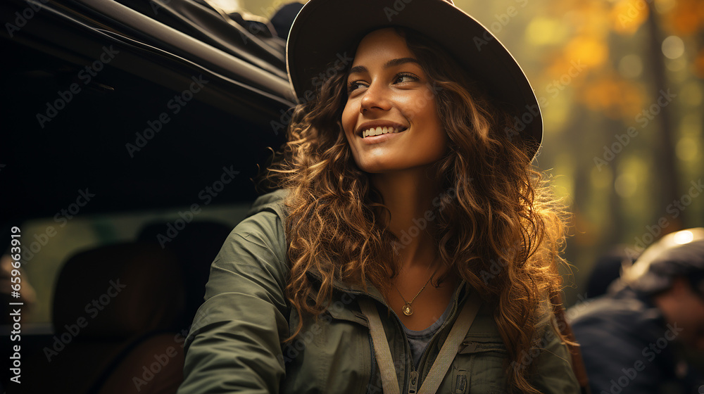 Schöne junge Frau mit langen lockigen Haaren, die lächelnd auf einem ...