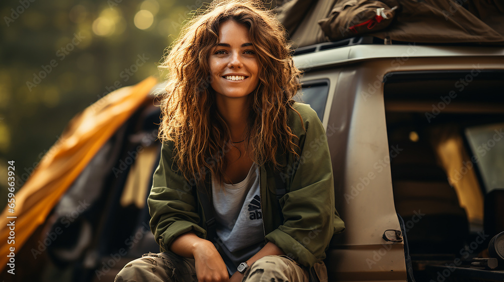 Schöne junge Frau mit langen lockigen Haaren, die lächelnd auf einem ...