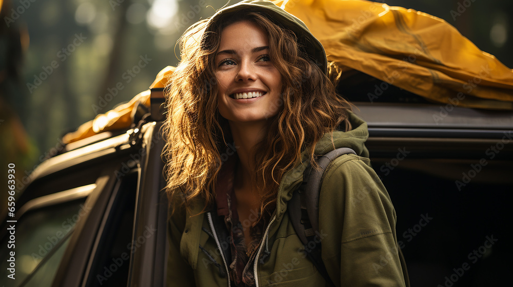 Schöne junge Frau mit langen lockigen Haaren, die lächelnd auf einem ...