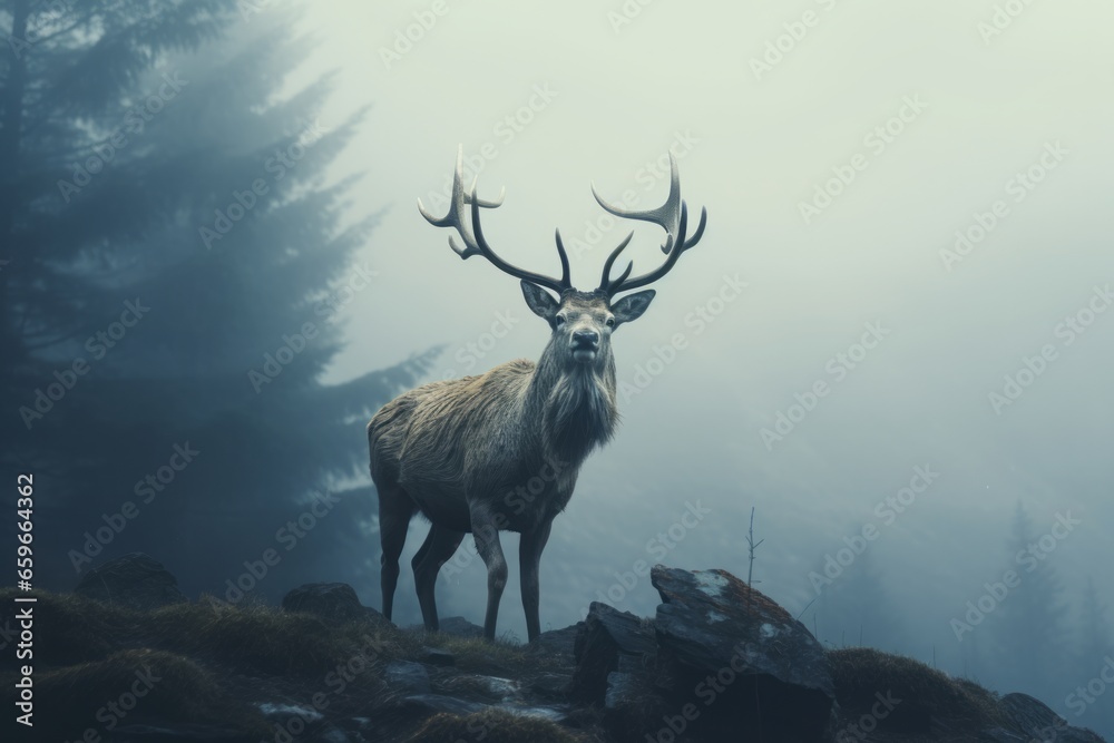 Ethereal photograph of a deer appearing through the mist, capturing the ...