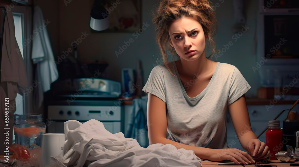 Unhappy overworked angry furious housewife feels distressed sick and ...