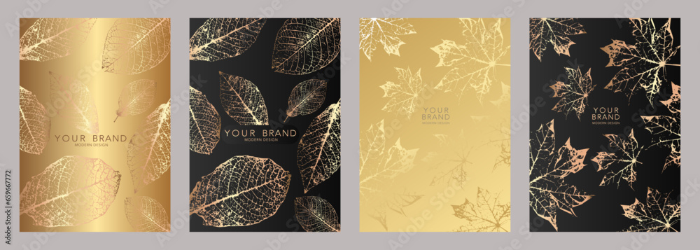 Luxury autumn cover design set. Elegant vector template with falling golden maple leaves on gold ...