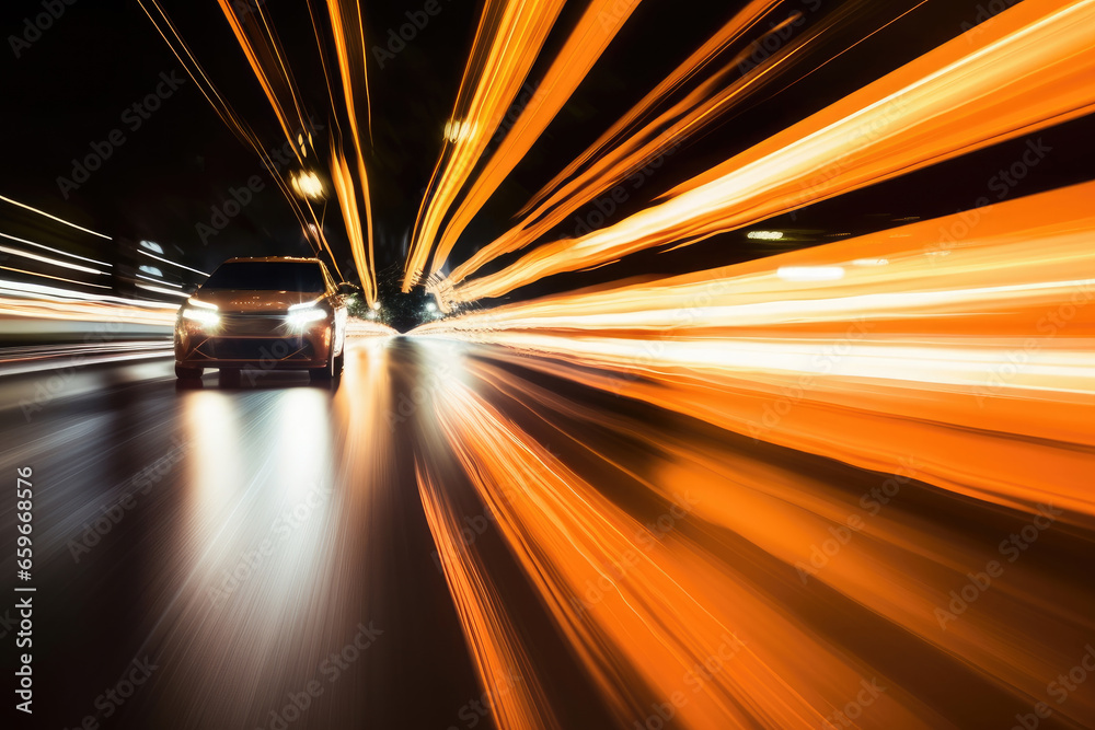 Modern futuristic car in movement. Cars lights on the road at night ...