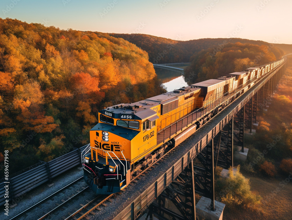 An immense American freight train traversing a rustic railway bridge ...