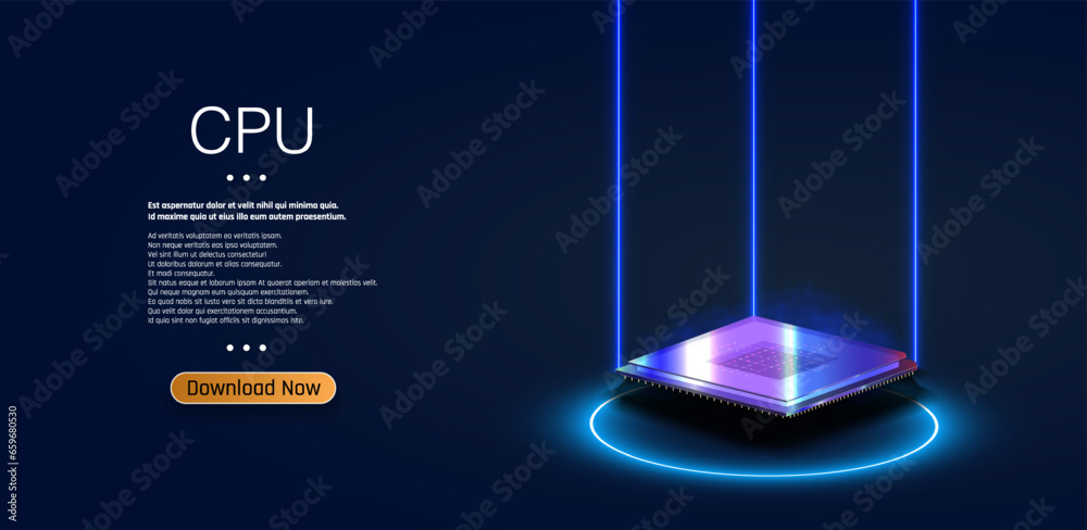 Quantum computer, large data processing, database concept.CPU isometric banner. Central Computer ...