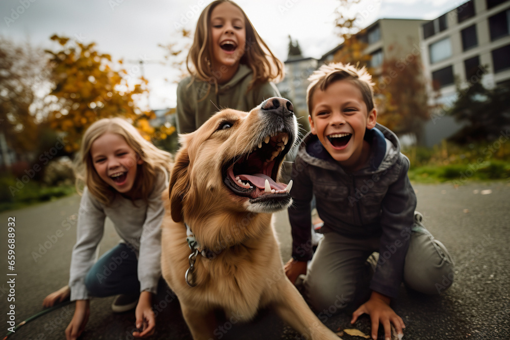 Kids laughing heartily as they play catch with their energetic Labrador ...