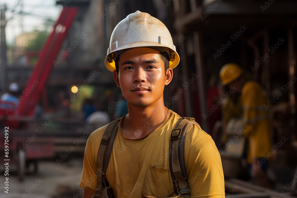 Portrait of a Young Asian male worker on a construction site wearing ...