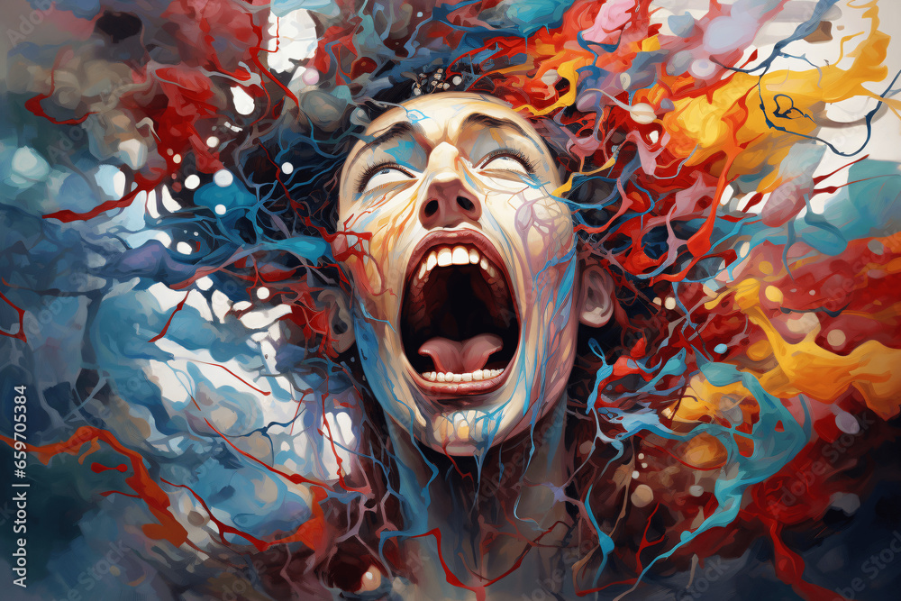 Abstract illustration of vibrant colors of a woman's crazed face, generated with AI technology ...