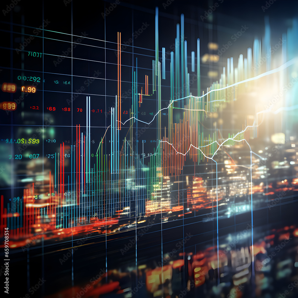 Digital chart with virtual diagrams and stock numbers showing profits ...