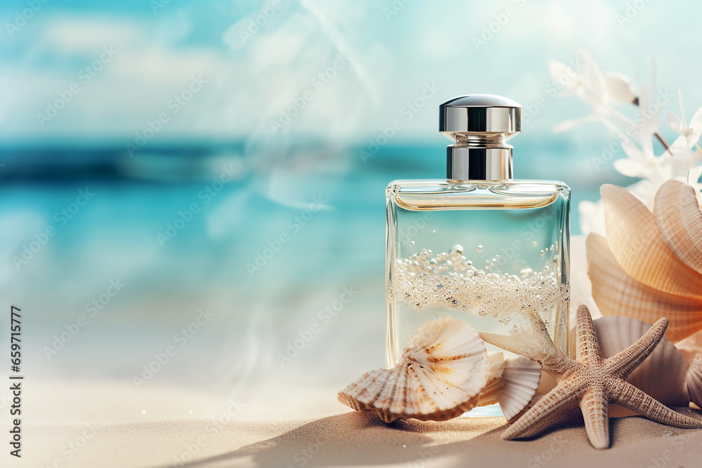 Glass Perfume Bottle and Sea Shells in Spray Water Background - Marine ...