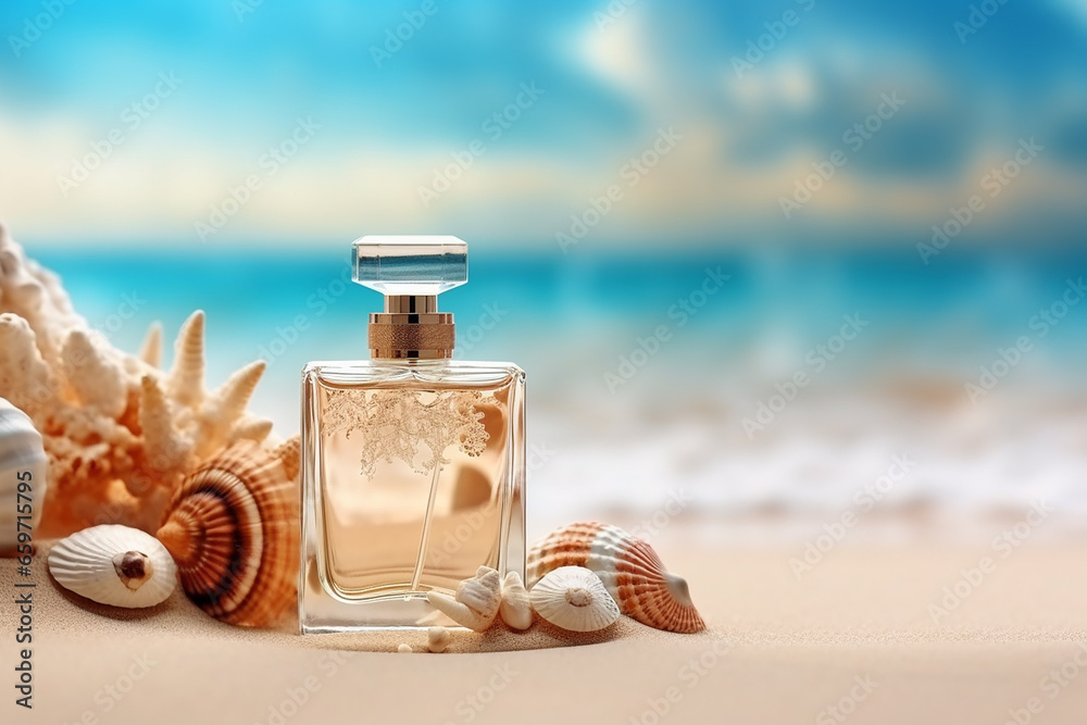 Glass Perfume Bottle and Sea Shells in Spray Water Background - Marine ...