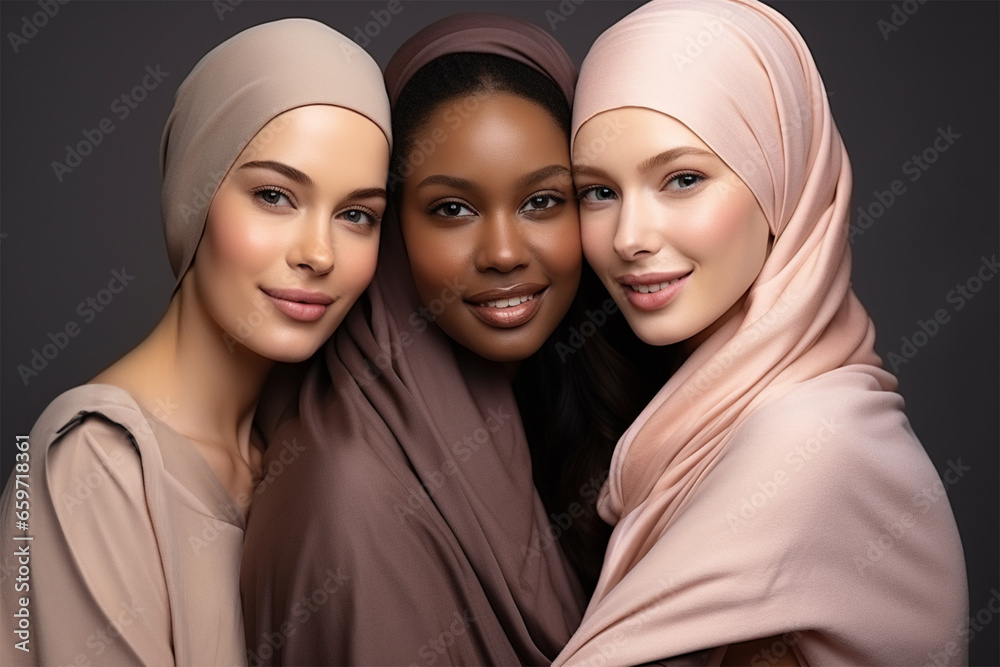 beautiful young women in muslim clothes in pastel colors posing ...